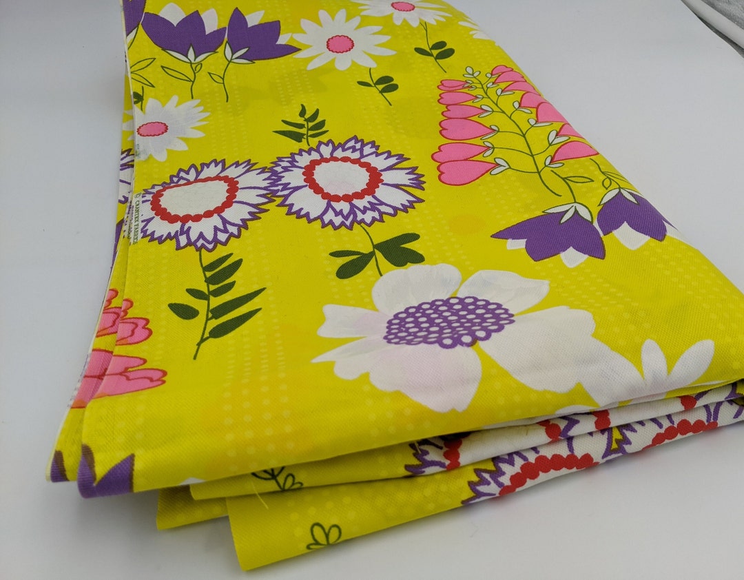 Vintage Bright Yellow Floral Fabric 3 Yds., for Tablecloth, Upholstery ...