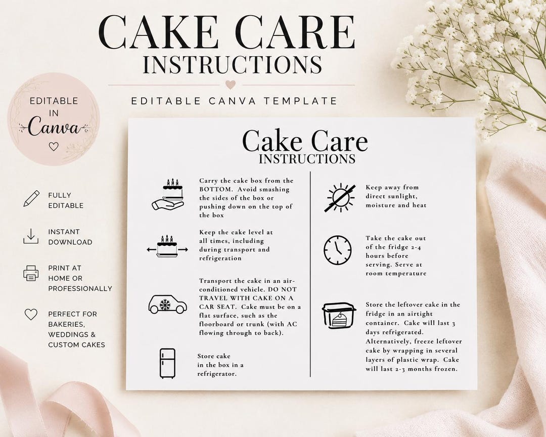 Editable Cake Care Instructions Template | Bakery Packaging Insert ...