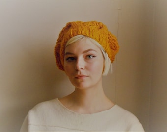 Pure Merino Wool Hat. Yellow Chunky Ribbed Wool Beret. Soft Brushed ...