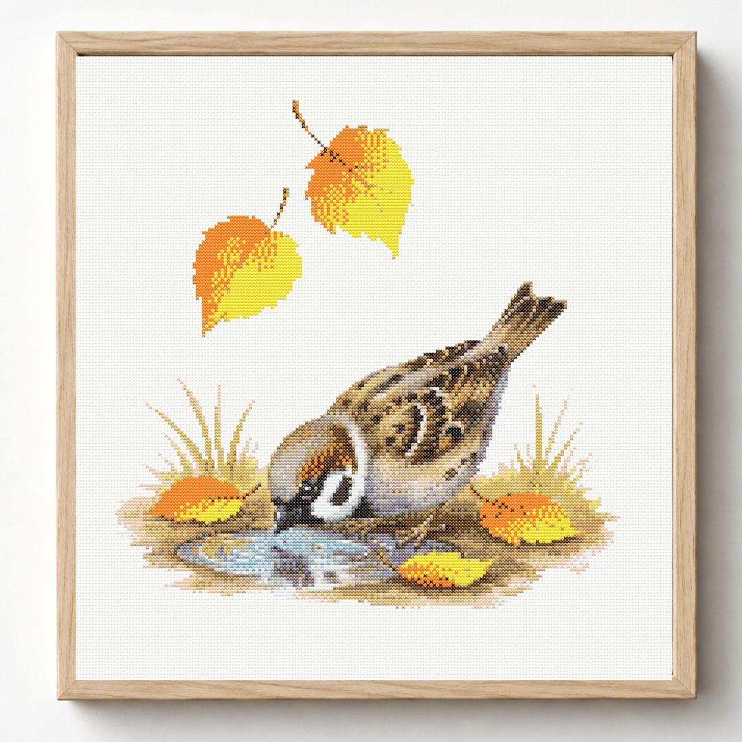 Autumn Sparrow Cross Stitch Pattern, Woodland Bird Fall Leaves ...