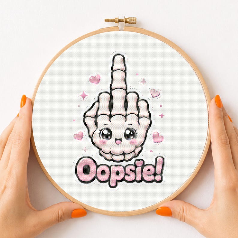 Oopsie Kawaii Middle Finger Cross Stitch Pattern PDF, Meme Embroidery ...