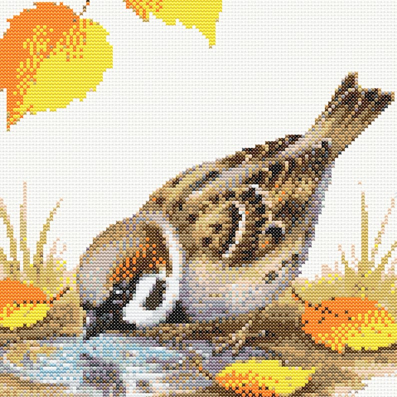 Autumn Sparrow Cross Stitch Pattern, Woodland Bird Fall Leaves ...