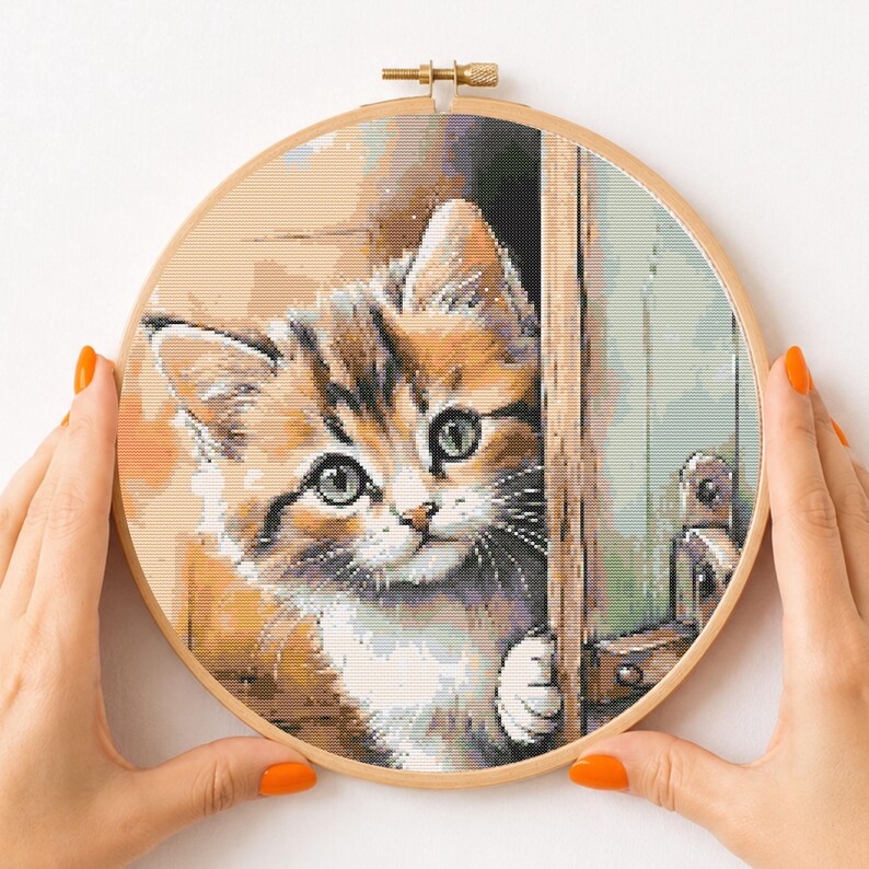 Curious Kitten Cross Stitch Pattern, Realistic Tabby Cat Embroidery ...