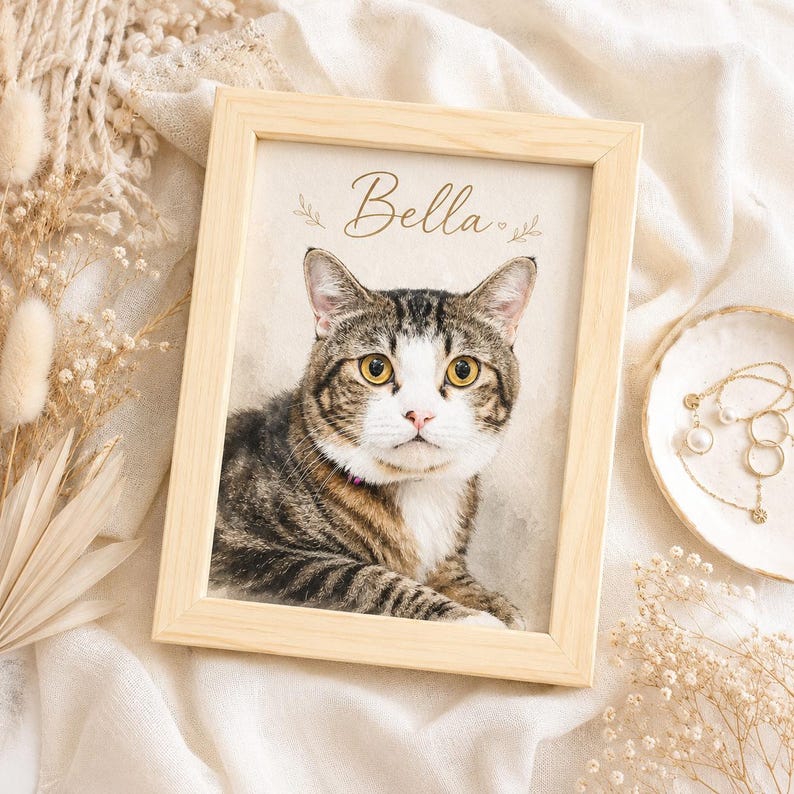 Custom Cat Portrait From Photo Framed, Personalized Cat Name Gift ...