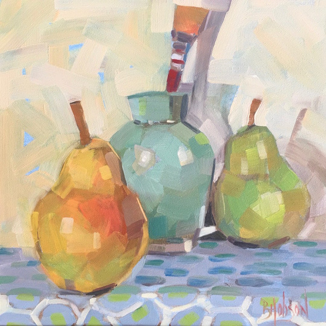Pears With Aqua Vase Original Oil Painting by Bridget Hobson, 6x6 Inch ...