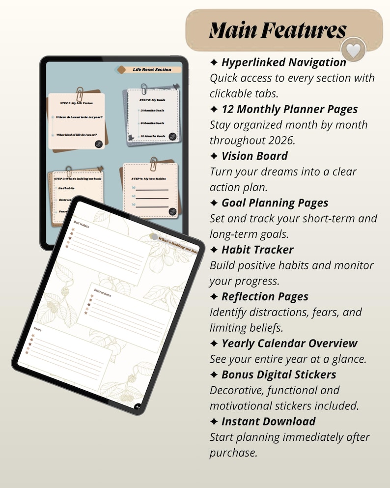 Digital Life Planner 2026 | Hyperlinked Goal Setting, Habit Tracker ...