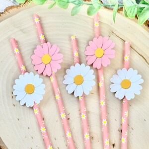 12 Daisy Party Straws, Pink and White Daisy Flower Party Decor, Groovy ...