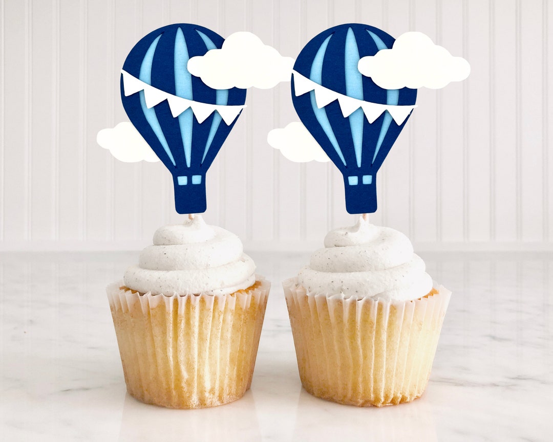 12 Hot Air Balloon Cupcake Toppers, Navy and Gray Hot Air Balloons, up ...