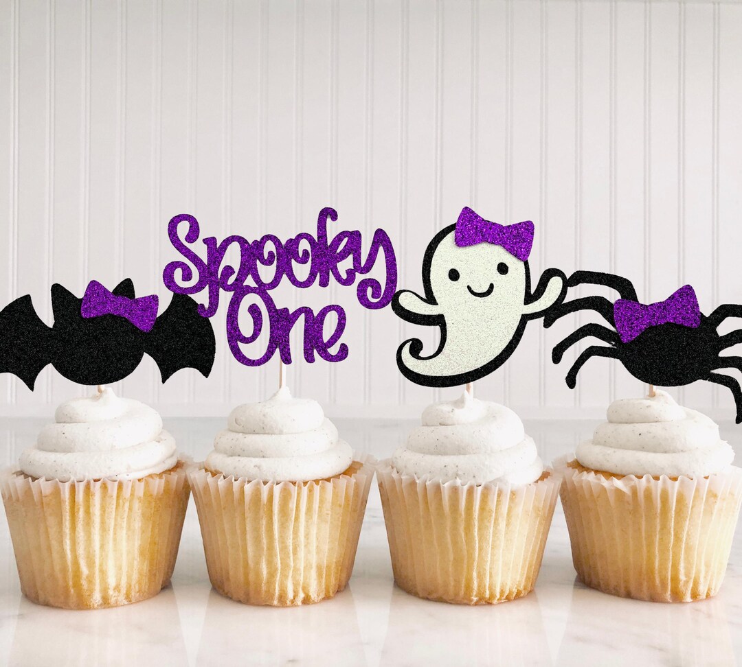 12 Spooky One Cupcake Toppers, Cute Spider, Ghost, Bat, Purple and ...