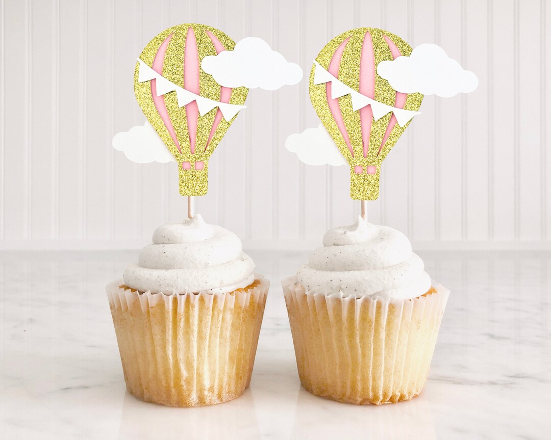 12 Hot Air Balloon Cupcake Toppers, Pink and Gold Hot Air Balloons, Up ...