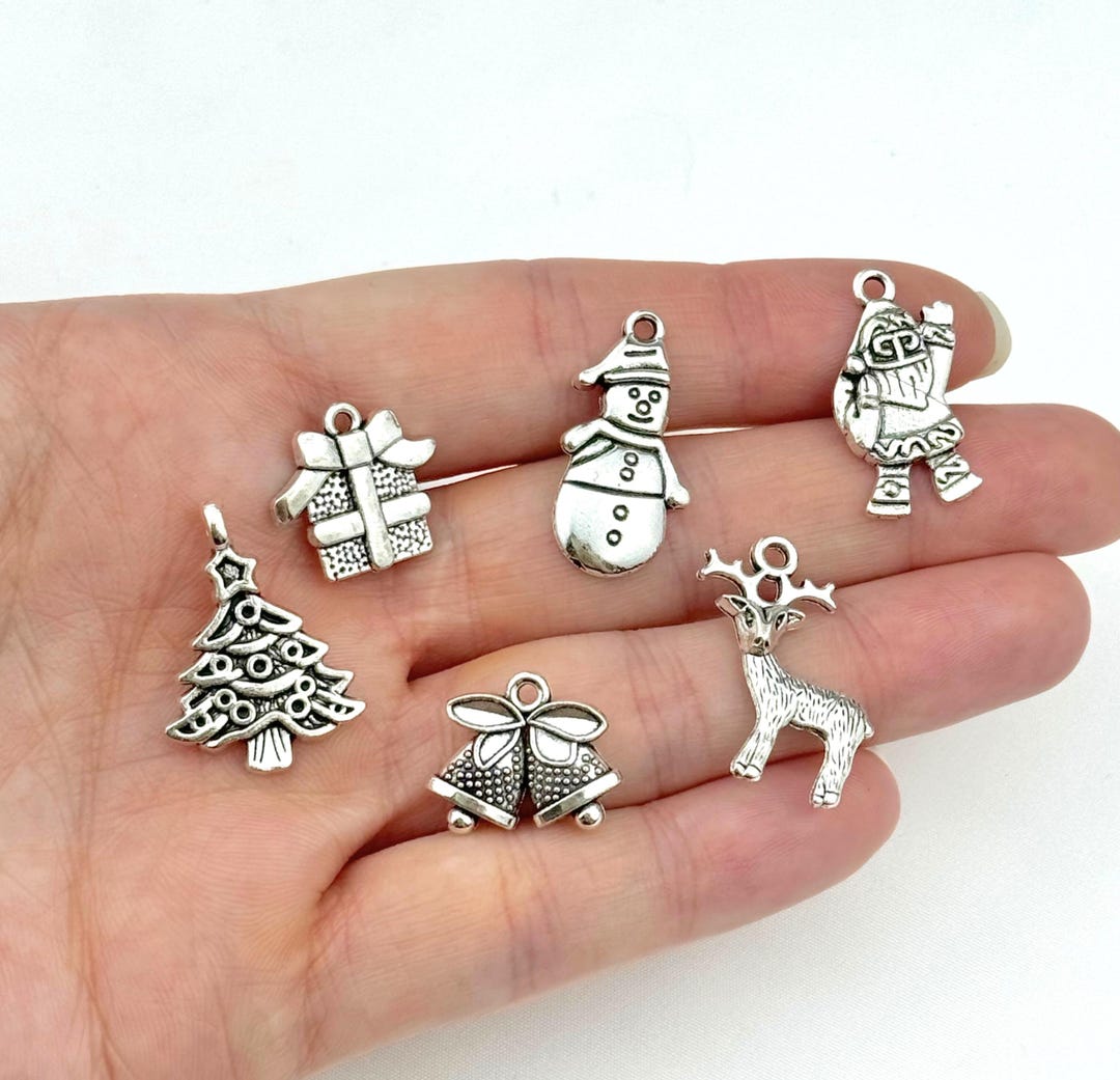 10 Assorted Silver Christmas Charms / Cute Holiday Charms/ Santa Claus ...