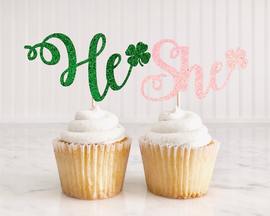 12 He or She Four Leaf Clover Gender Reveal Cupcake Toppers/ Lad or ...
