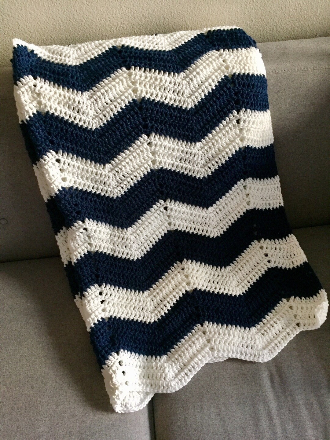 Adult Size Chevron Navy Blue and White Crochet Nautical Blanket/afghan ...