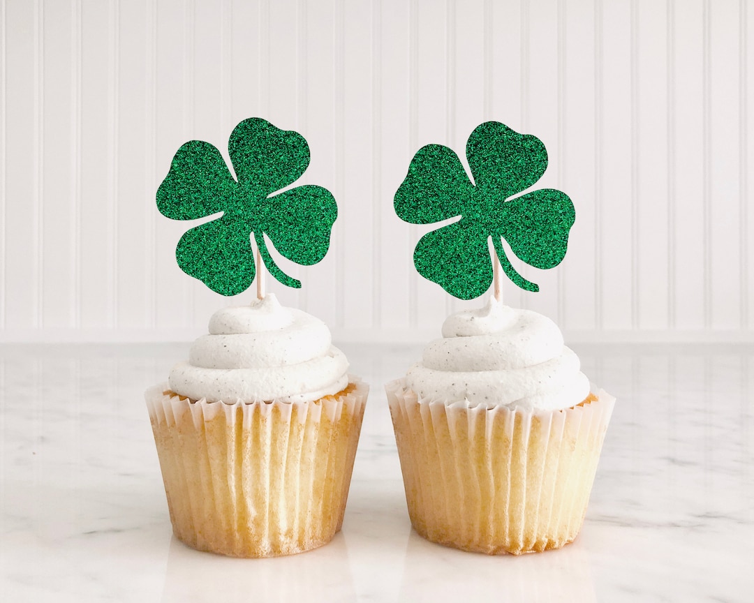 12 Green Glitter Shamrock Toppers, Four Leaf Clover Cupcake Toppers, St ...