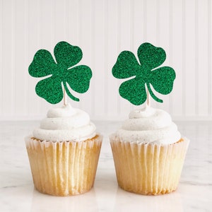 12 Green Glitter Shamrock Toppers, Four Leaf Clover Cupcake Toppers, St ...