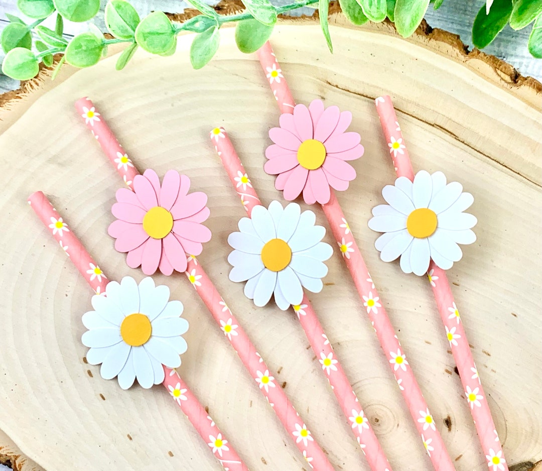 12 Daisy Party Straws, Pink and White Daisy Flower Party Decor, Groovy ...