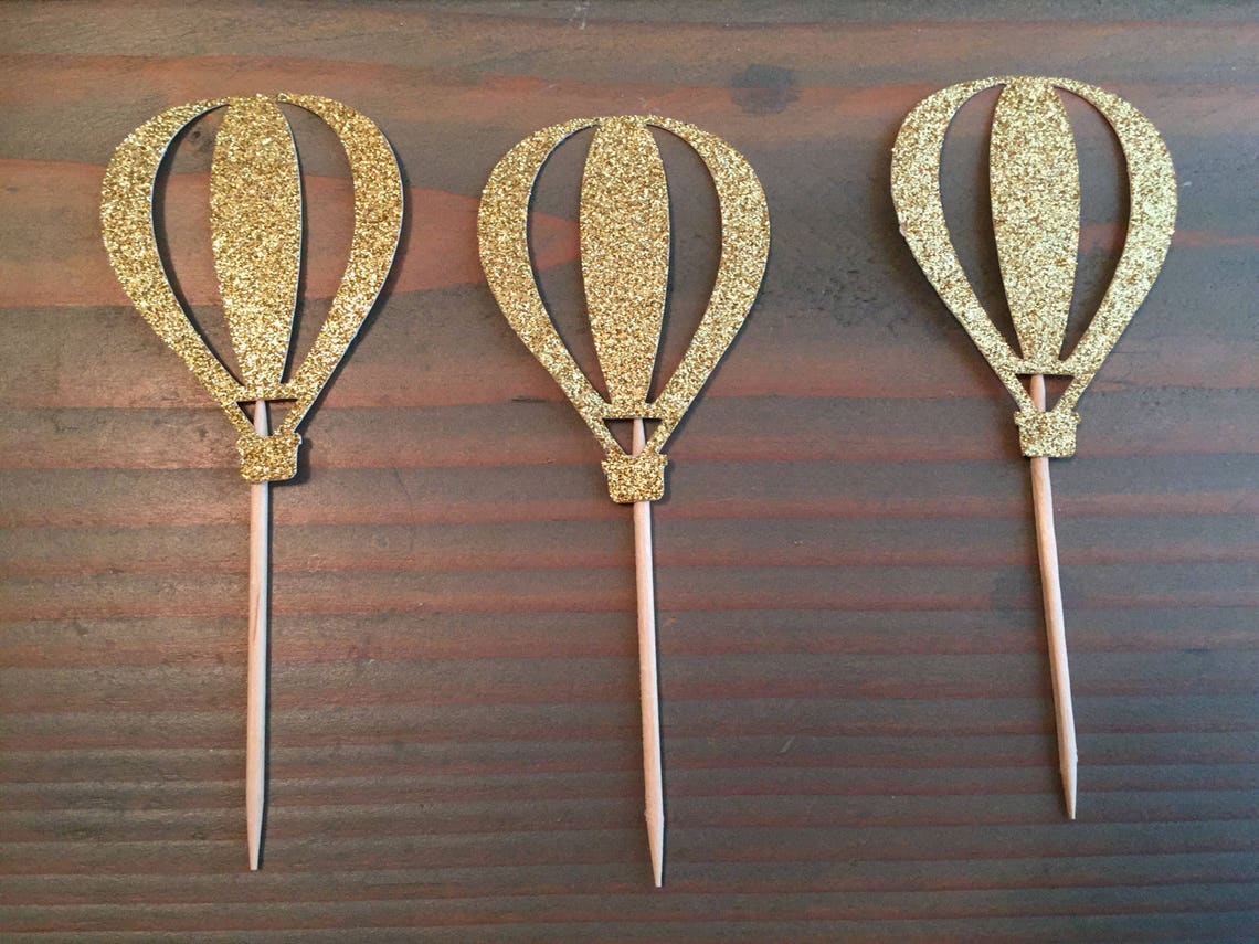 12 Gold Glitter Hot Air Balloon Cupcake Toppers, Baby Shower, Birthday ...