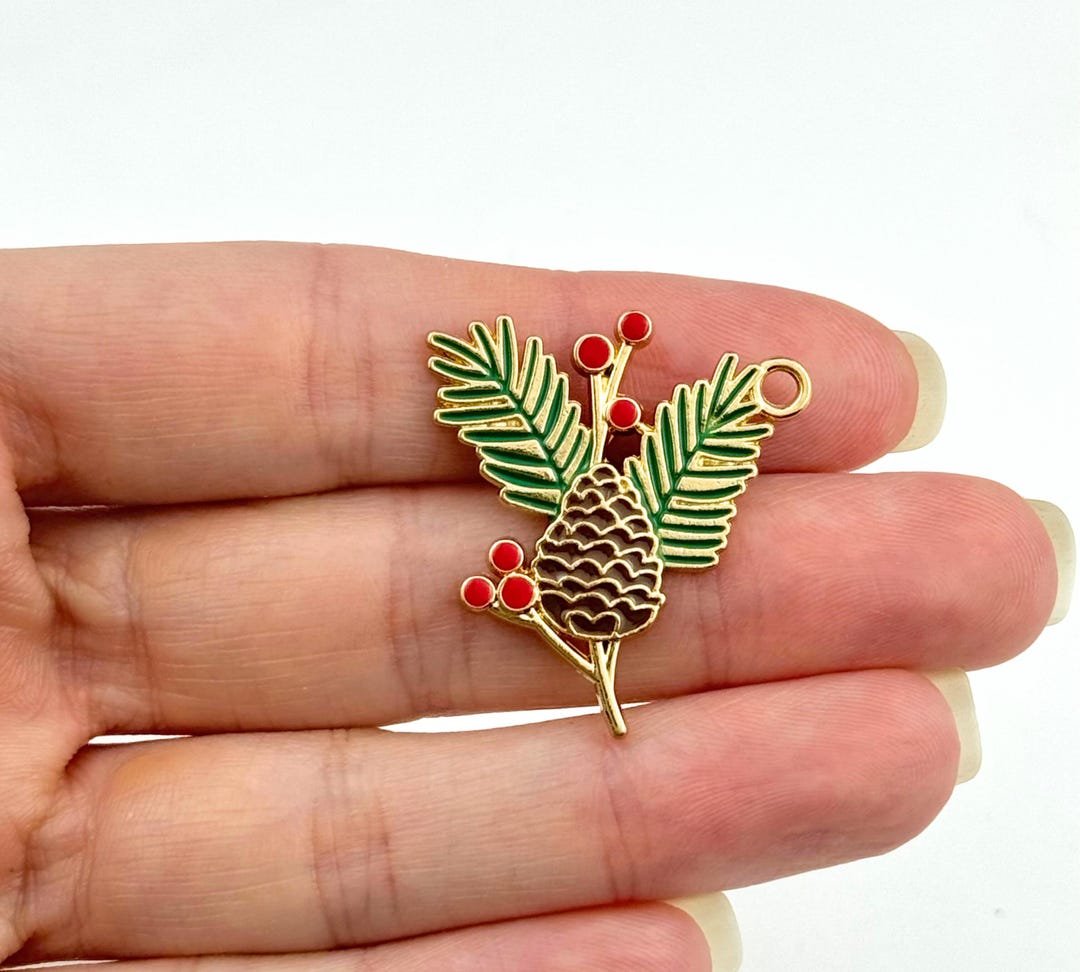 2 Pine Cone and Holly Leaf Charms / Enamel Charms/ Mistletoe Pendants ...