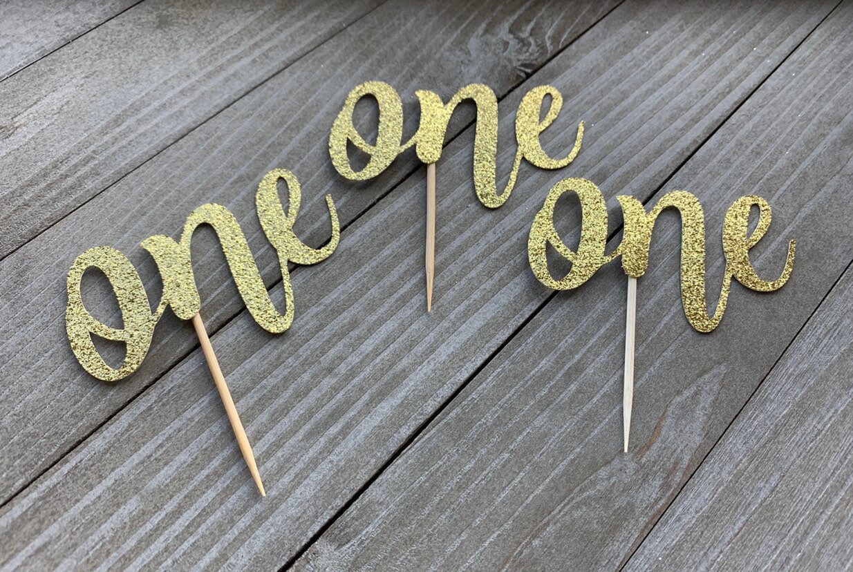 12 Gold Glitter One Cupcake Toppers, First Birthday, One Cupcake ...