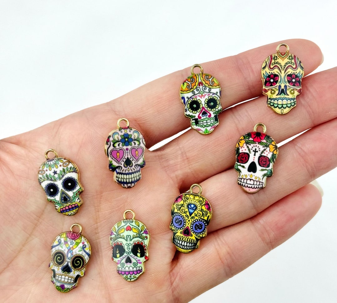 4 Dia De Los Muertos Sugar Skull Charms/ Day of the Dead/ Gold Enamel ...