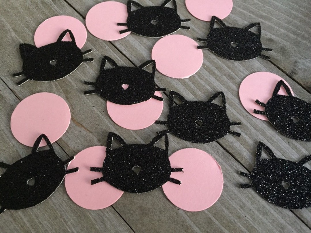 100 Black Cat Confetti, Black Glitter Cat Confetti, Pink Circle ...