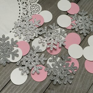 100 Silver Glitter Snowflakes With Pink and White Circle Confetti ...