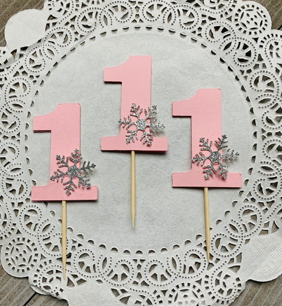 12 Pink One Cupcake Toppers With Silver Glitter Snowflake, Winter ...