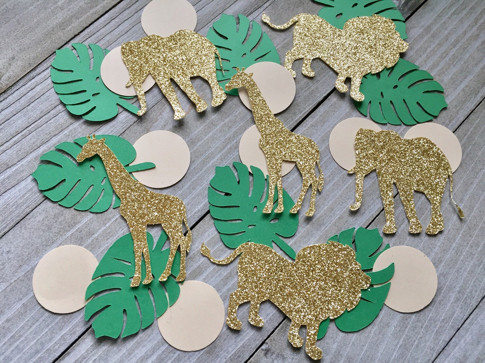 100 Gold Glitter Safari Animals With Monstera Leaf and Circle Confetti ...