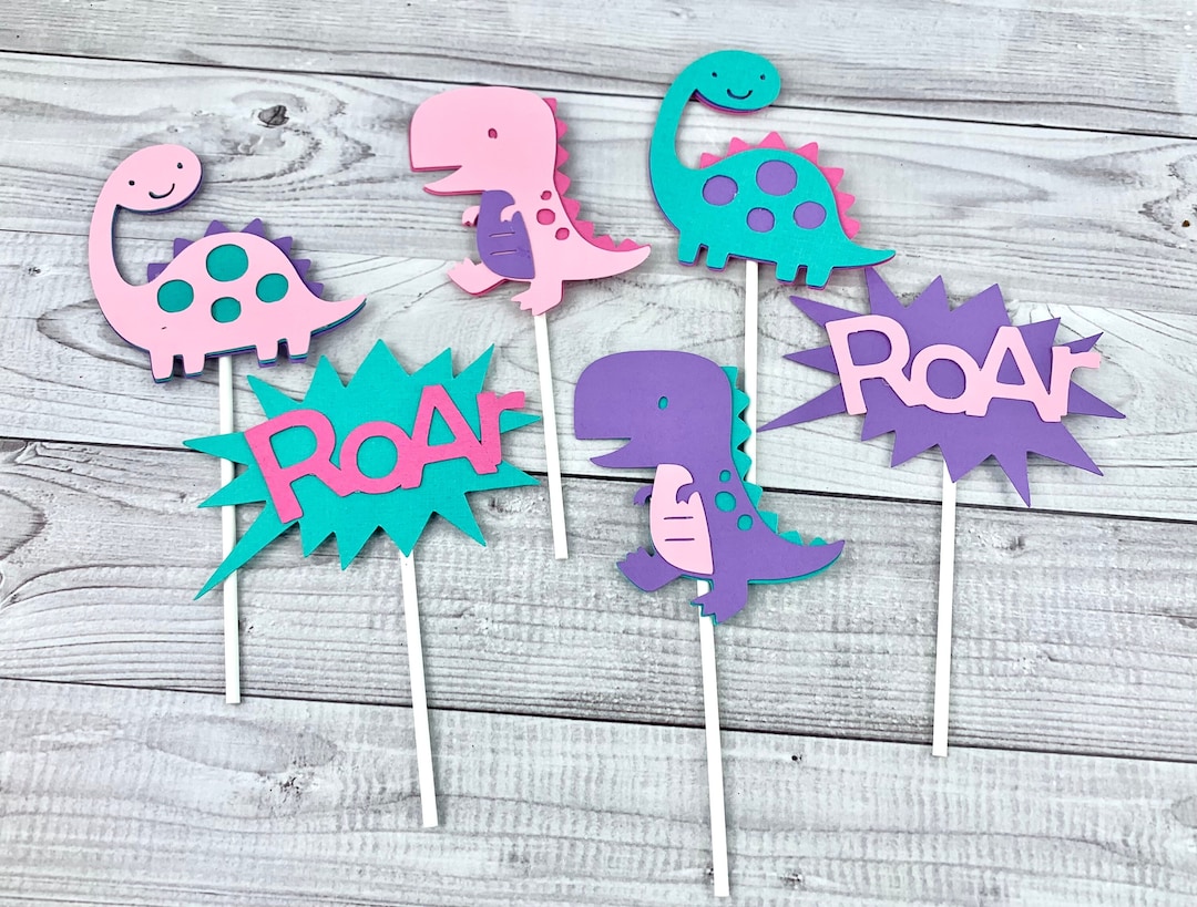 Dinosaur Cupcake Toppers/ Girl Dino Party Decor/ Pink/ Purple/ Teal ...
