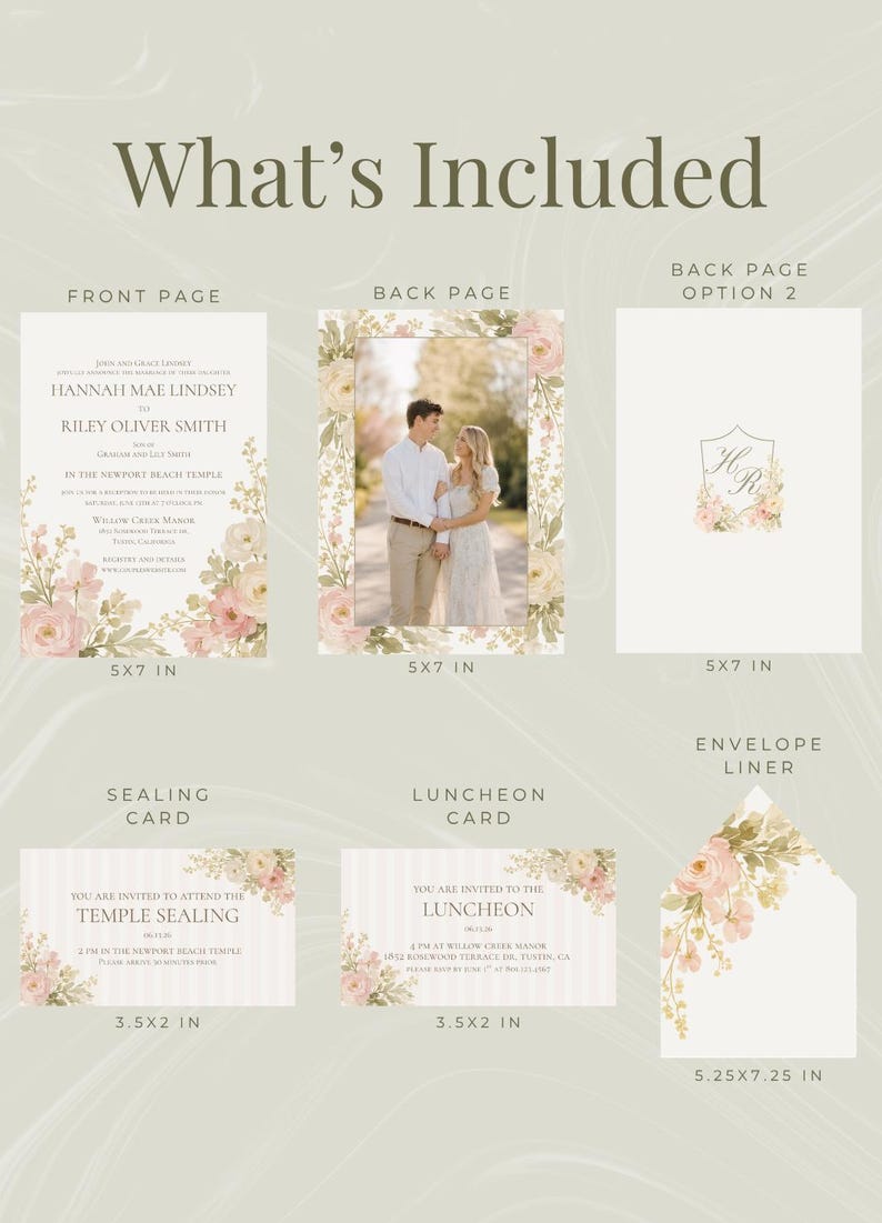 LDS Wedding Invitation Suite, Temple Sealing Card, Luncheon Card ...