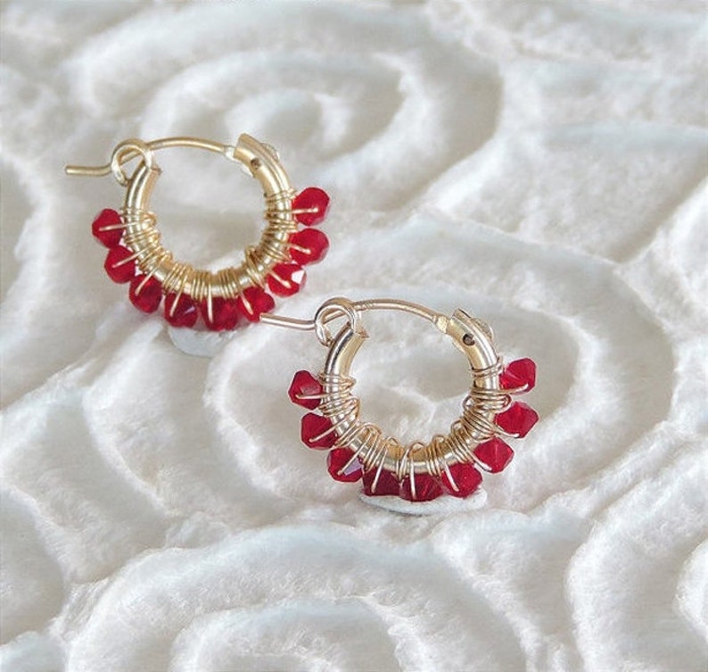 Gipsy Earrings, Wire Wrap Garnet Hoop Earring, Gold and Swarovski ...