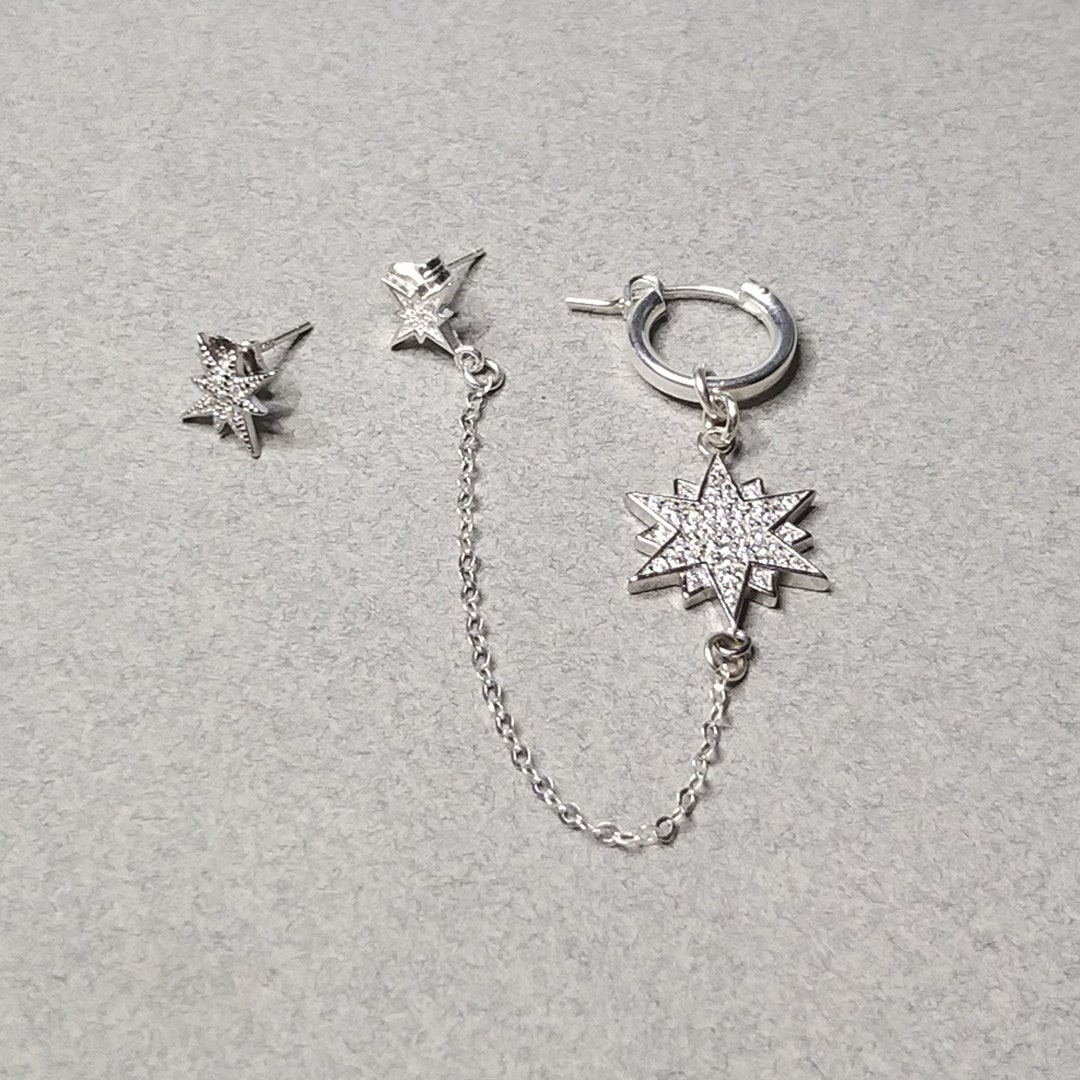 Double Piercing Chain Earrings, Two Holes Earrings, Sterling Silver ...