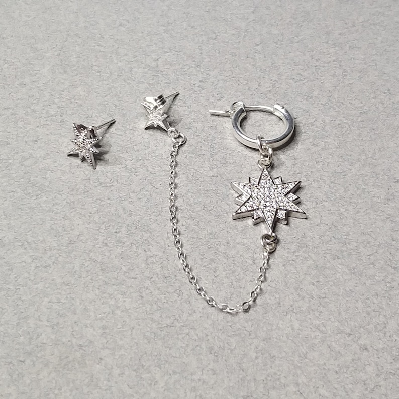 Double Piercing Chain Earrings, Two Holes Earrings, Sterling Silver ...