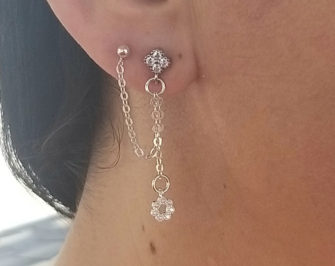 Double Piercing Earring - Two Stud Chain Earring - Sterling Silver ...