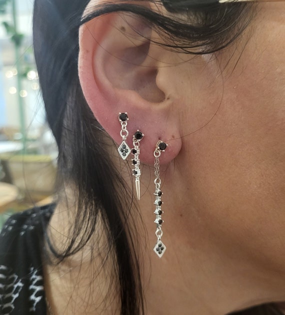 3 Holes Sterling Silver Earrings Earrings Set for Women Black CZ Earrings Minimalist Earrings Gift for Her Etsy