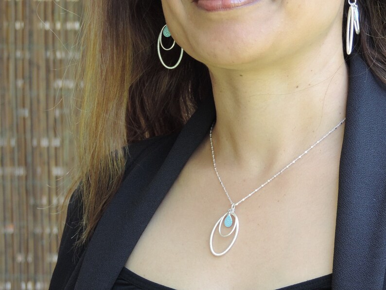 Charm Necklace, Silver Necklace, Oval Necklace, Turquoise and Silver ...