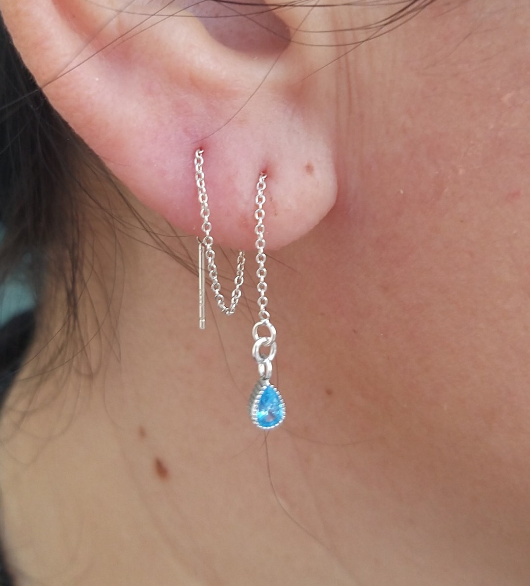 Double Piercing Thread Earring, Two Holes Earring, Sterling Silver and ...