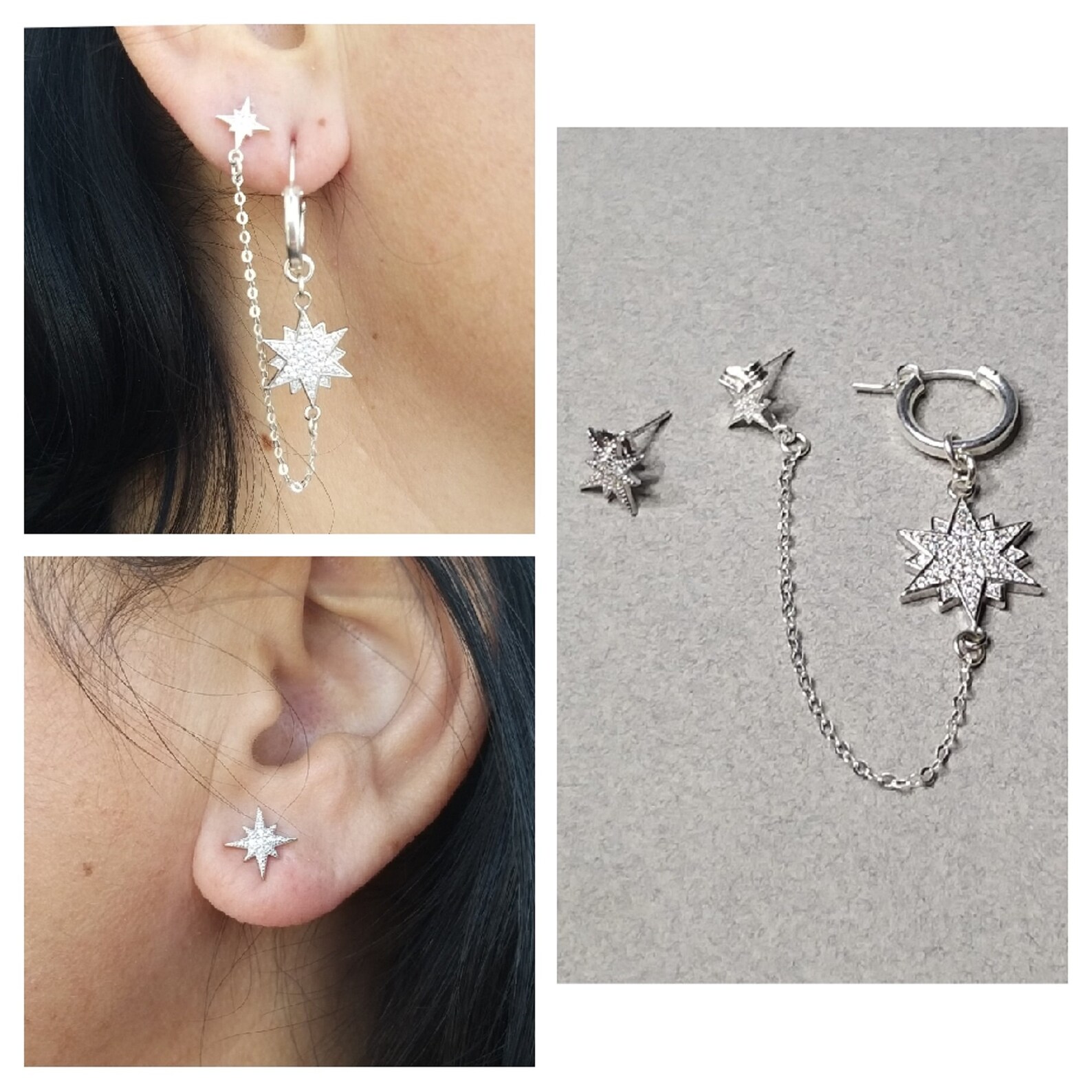 Double Piercing Chain Earrings Two Holes Earrings Sterling | Etsy