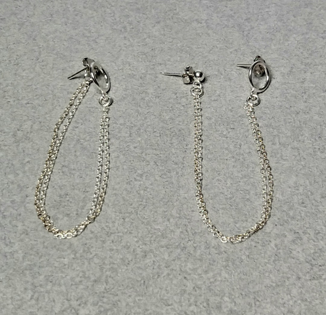 Long Sterling Silver Double Piercing Chain Earrings - Etsy