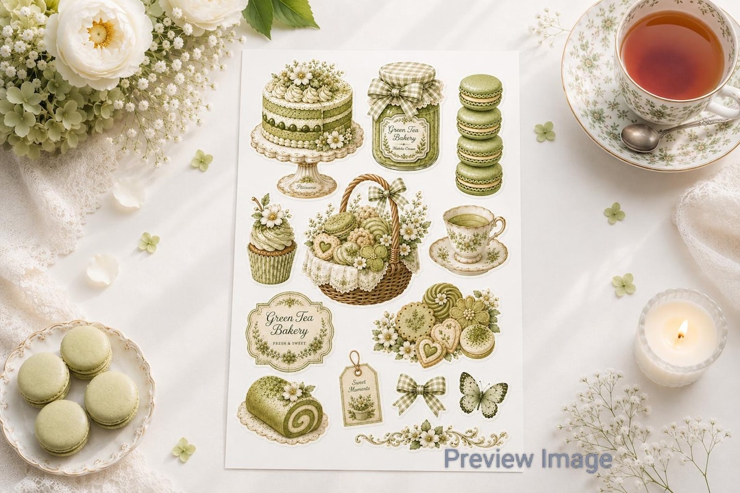 Green Tea Bakery Digital Sticker Sheet, Matcha Dessert Stickers ...