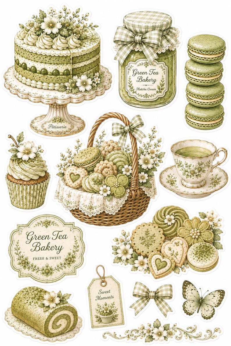 Green Tea Bakery Digital Sticker Sheet, Matcha Dessert Stickers ...