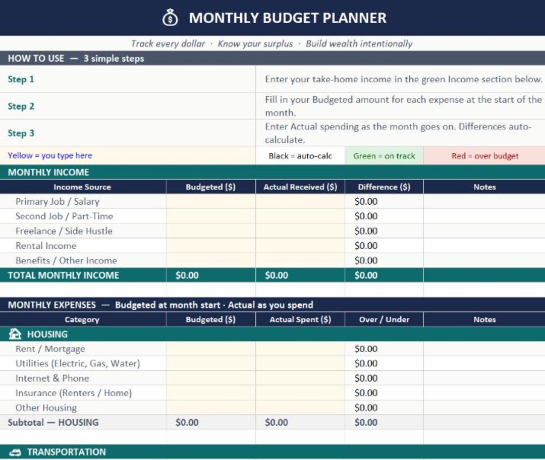 Monthly Budget Planner Spreadsheet – Track Income, Expenses, Savings ...