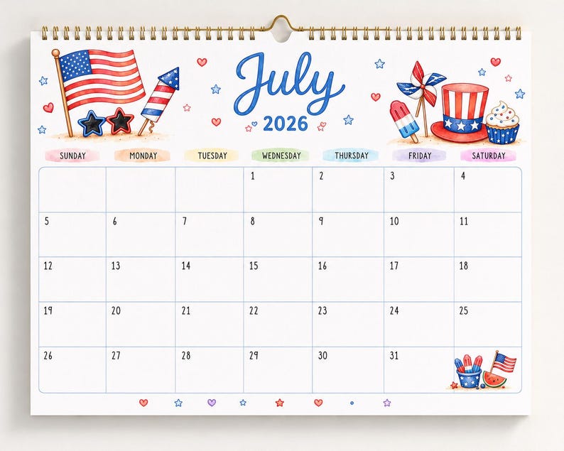 July 2026 Printable Calendar | Patriotic Fourth of July Monthly Planner ...