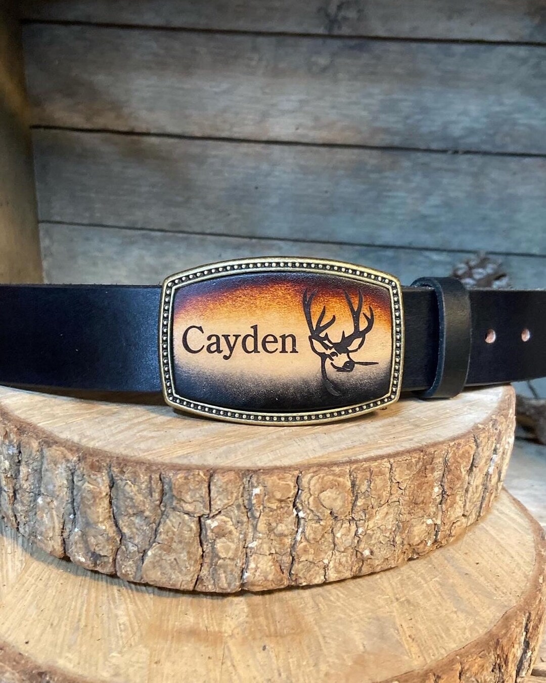 Personalized Leather Belt Buckle: Deer Head Antler Design, Hand-dyed ...