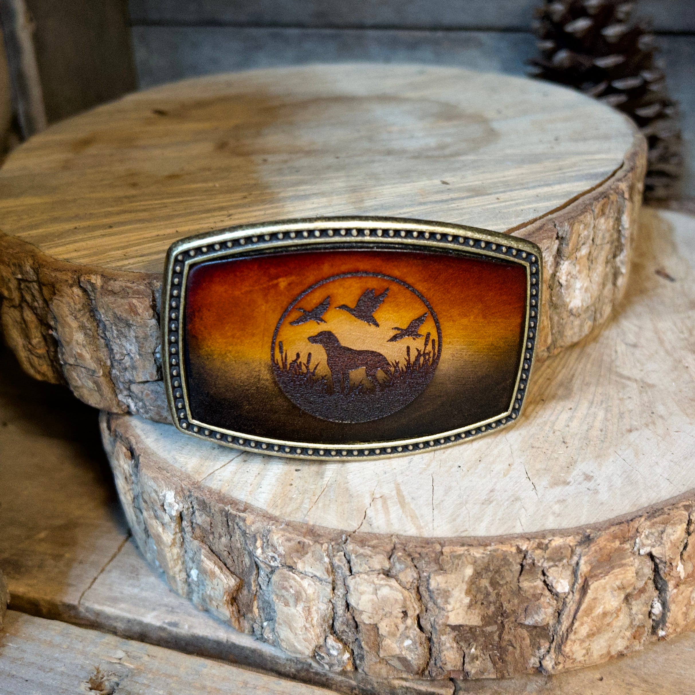 Handmade Leather Hunting Belt Buckle: Dog With Ducks Design, USA Made ...