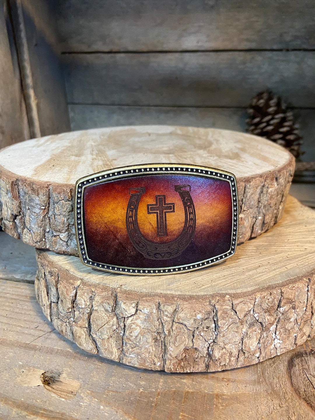 Christian Belt Buckle With Horse Shoe and Cross: Hand-dyed Leather ...