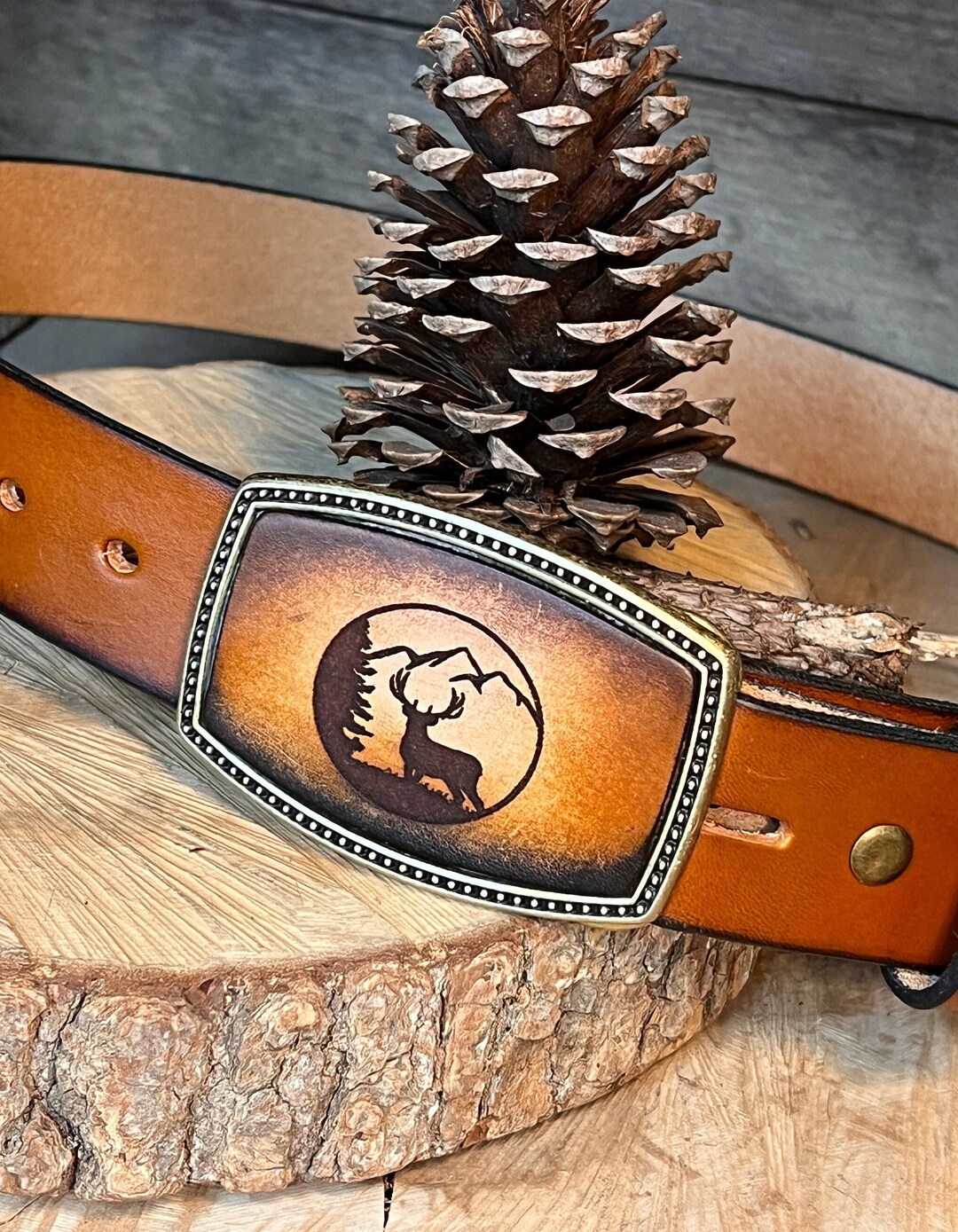 Leather Belt Buckle: Deer Scene Design, Hand-dyed USA Made - Etsy