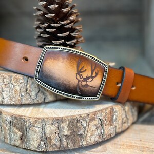 Personalized Leather Belt Buckle: Deer Head Antler Design, Hand-dyed ...