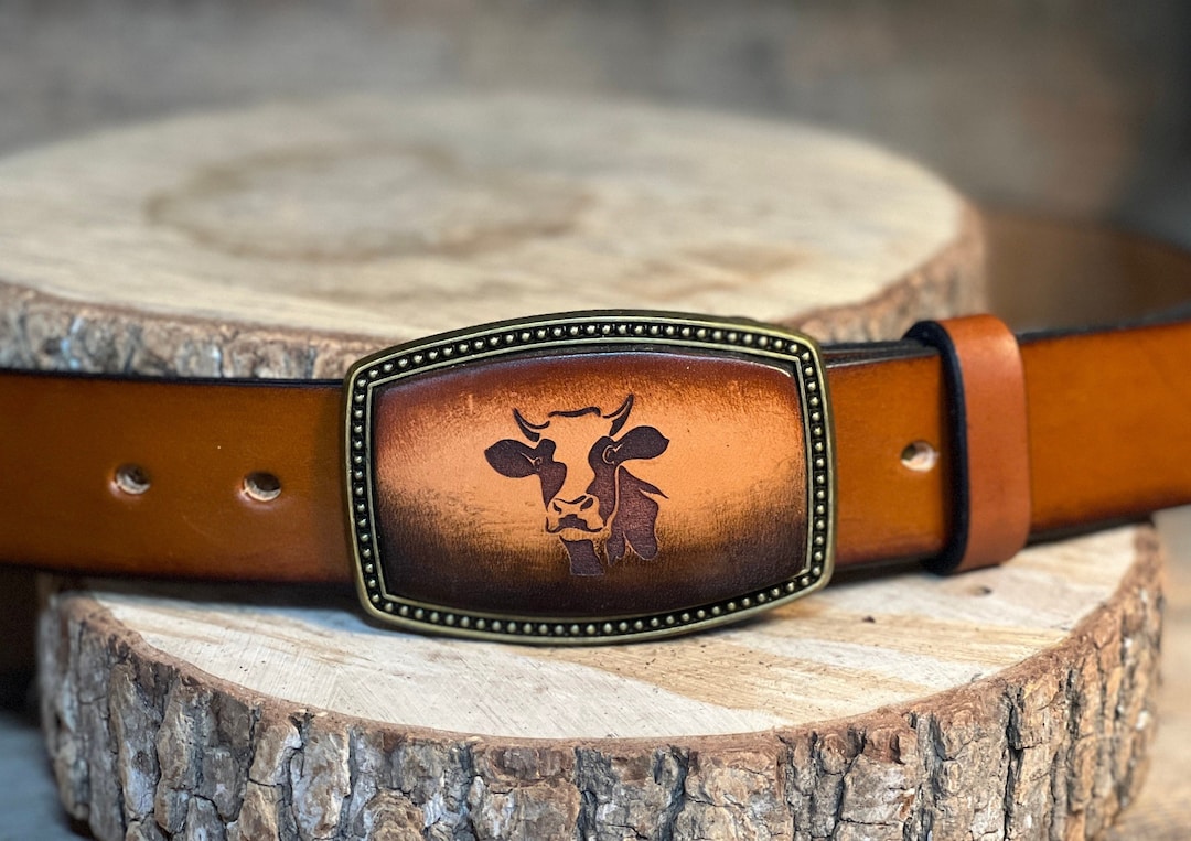 Handmade Leather Cow Belt Buckle: Personalized Farm Gift, USA Made - Etsy