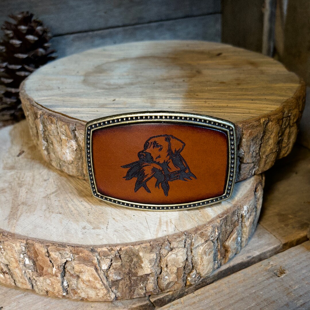 Leather Belt Buckle: Labrador Hunting Dog With Duck, USA Made, Fits 1.5 ...